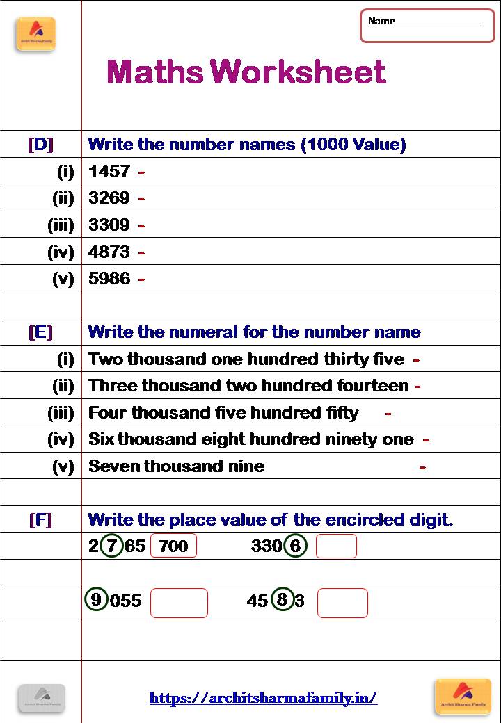 Class 3 Maths Worksheet – Archit Sharma