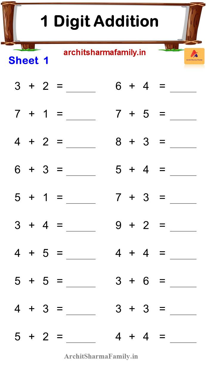 1 Digit Addition Worksheet pdf – Archit Sharma