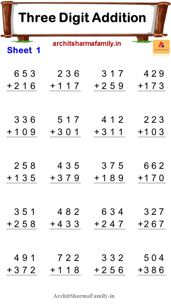 3 Digit Addition Worksheet pdf – Archit Sharma