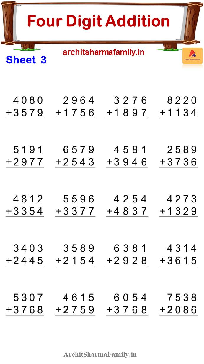 Free Printable 4 Digit Addition Worksheet – Archit Sharma