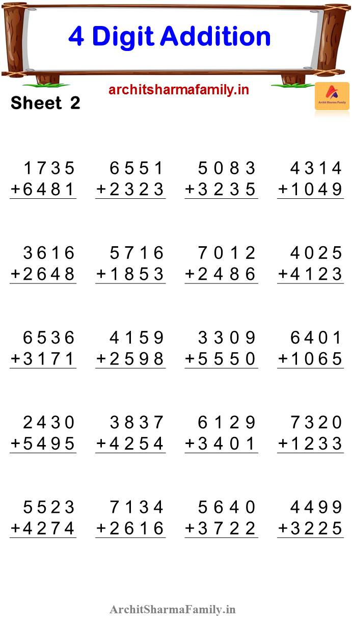 Free Printable 4 Digit Addition Worksheet – Archit Sharma