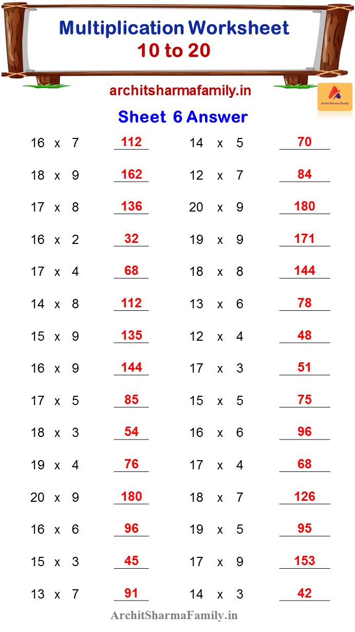 Printable Multiplication Worksheet 10 to 20 – Archit Sharma