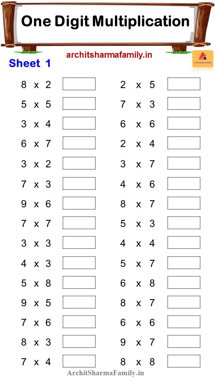 One Digit Multiplication Printable Worksheet – Archit Sharma