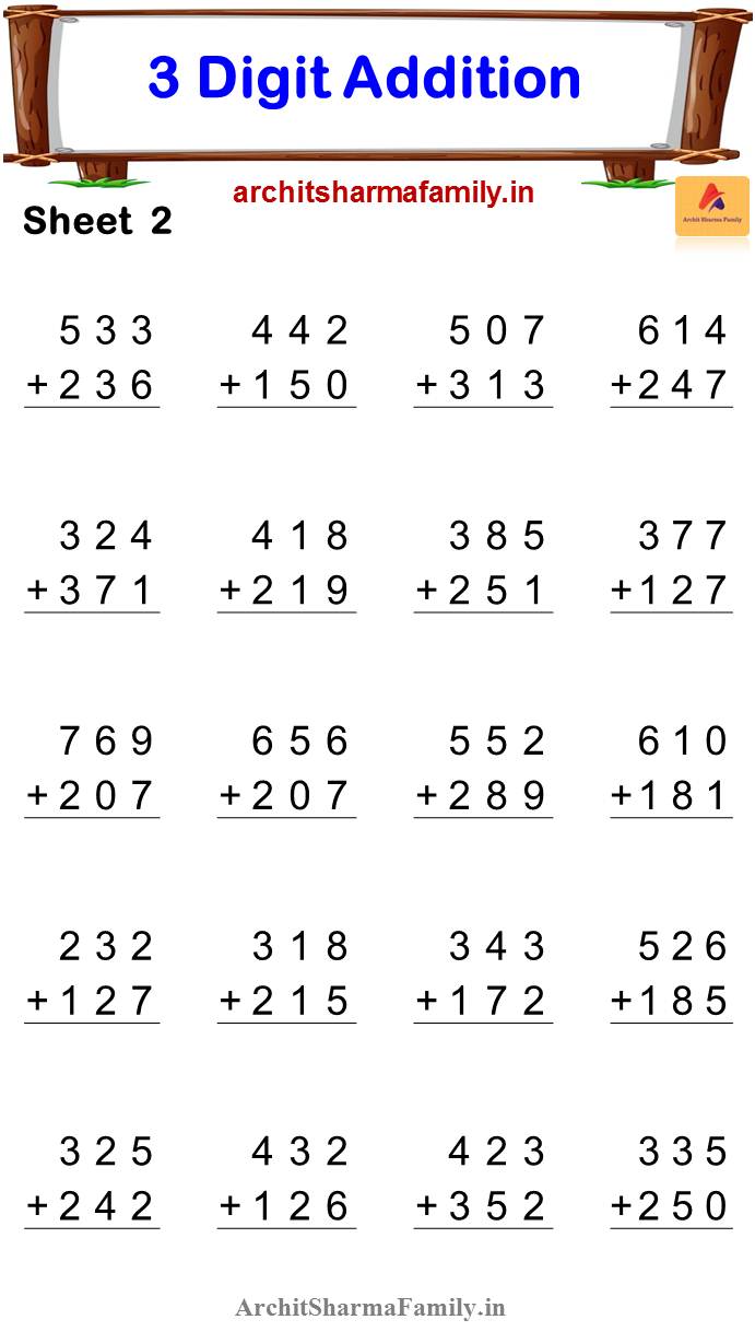 3 Digit Addition Worksheet pdf – Archit Sharma